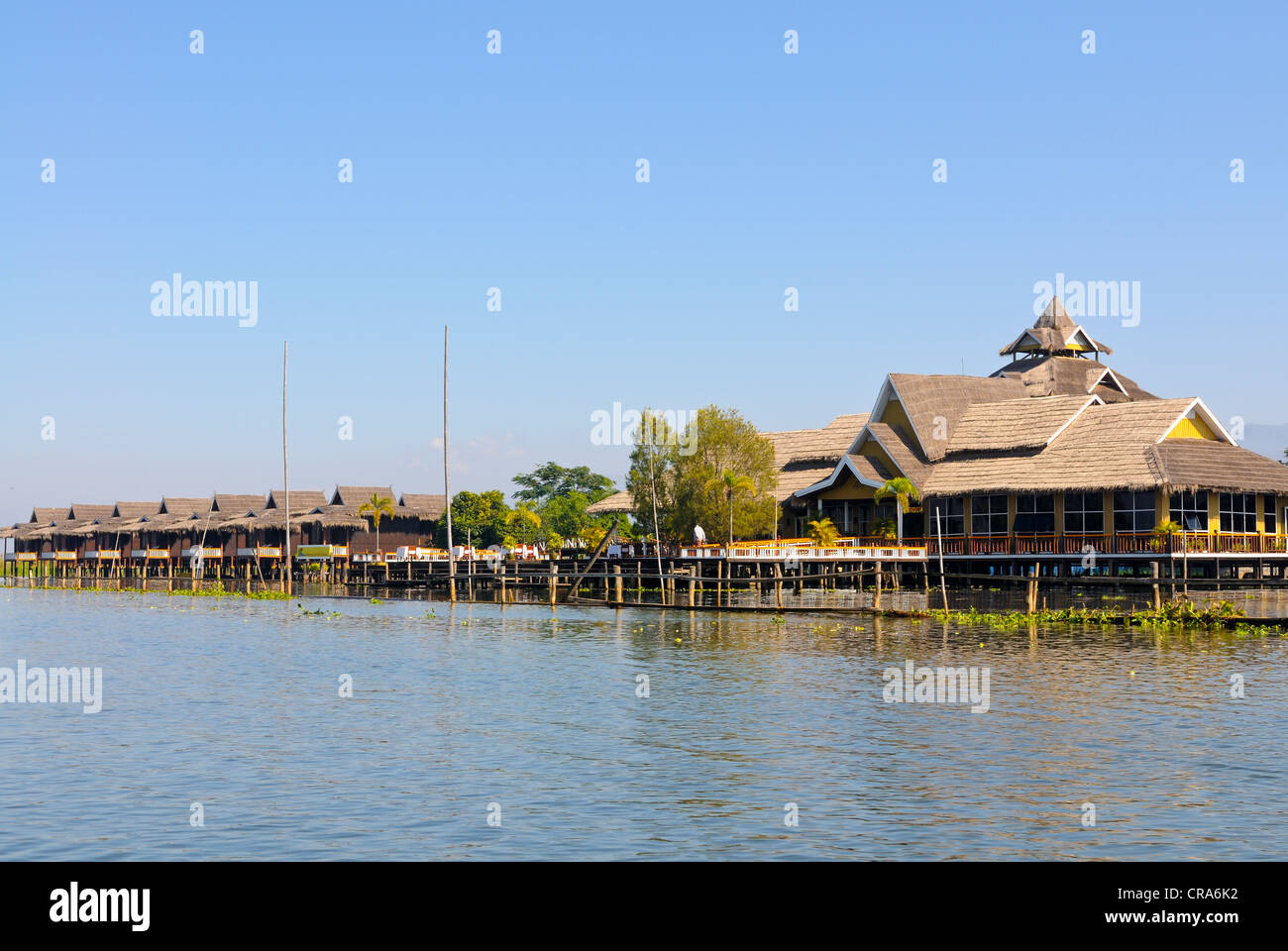 Bungalows of a luxury hotel on Inle Lake, Myanmar, Burma, Southeast ...