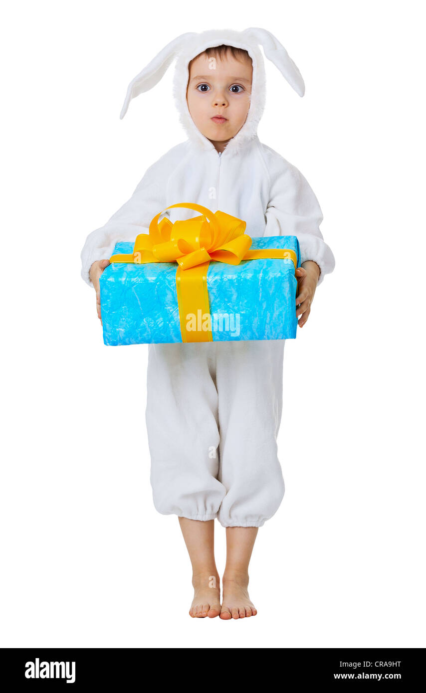 Funny boy dressed as a rabbit with a gift in the hands isolated on ...