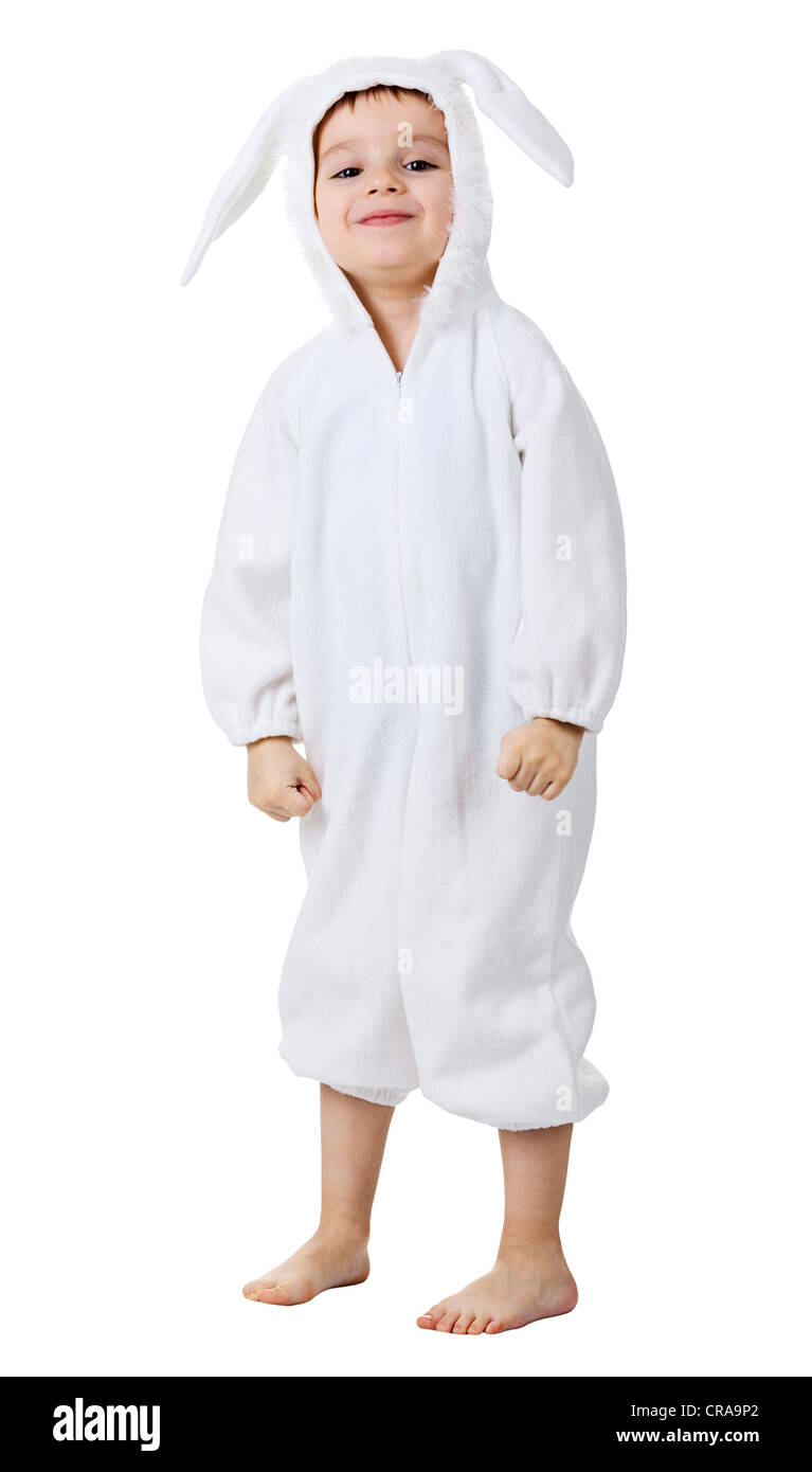 Funny kid dressed as white rabbit isolated on white background Stock ...