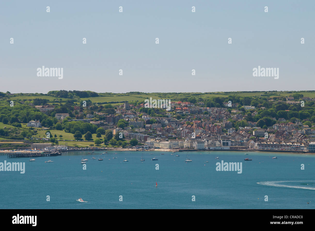 Swanage town view across the bay from Ballard Down on beautiful June ...