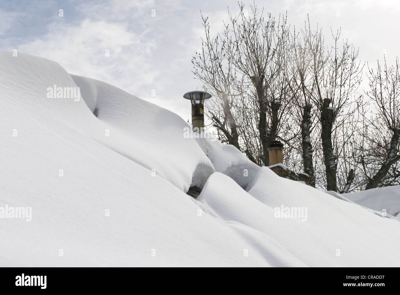 Heavy snow on a house roof in rural Scotland creates an unusual image ...