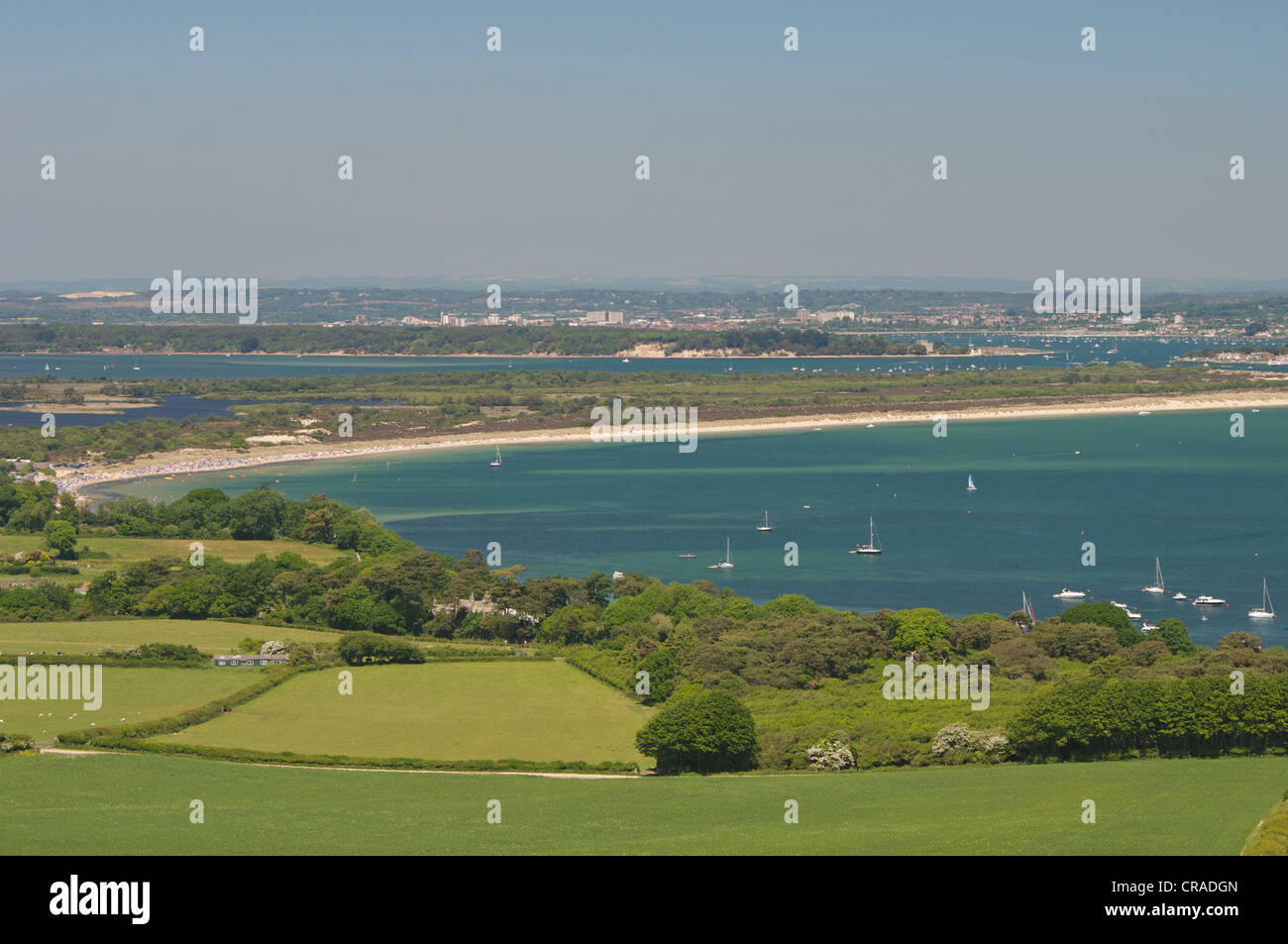 Studland beach view across the bay from Ballard Down on beautiful June ...