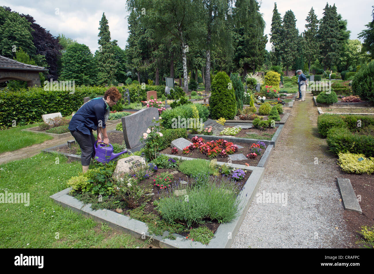 Woman watering flowers on a grave in a German graveyard Stock Photo - Alamy