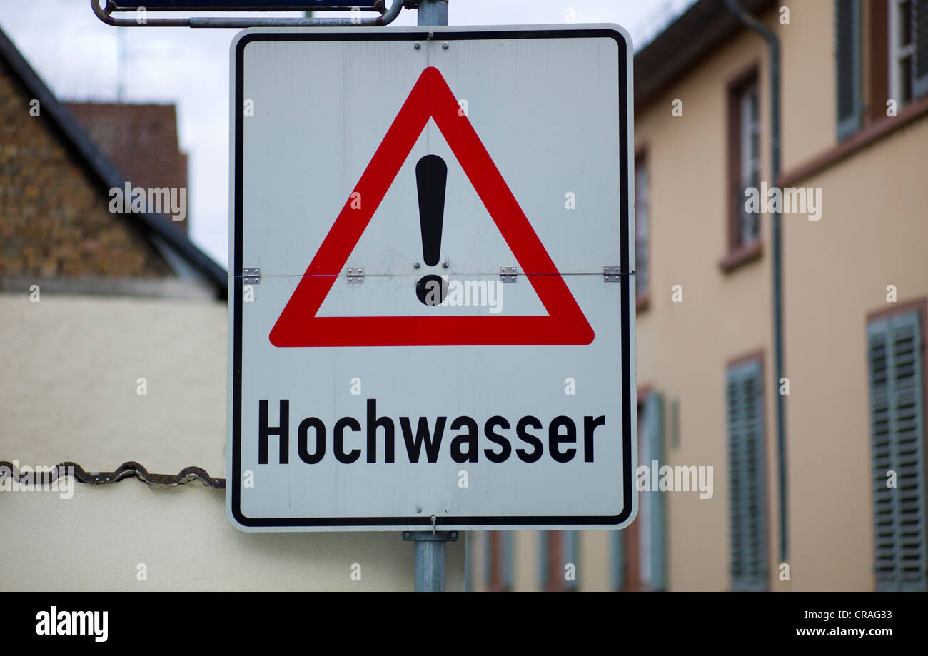 Sign "Hochwasser", German for flooding, Germany Stock Photo - Alamy