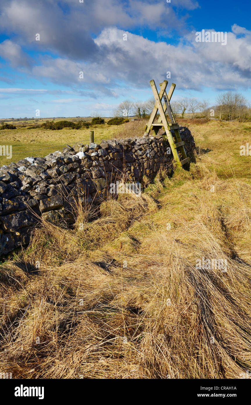 A stile over a dry stone wall on the Mendip Hills at Ubley Warren near ...