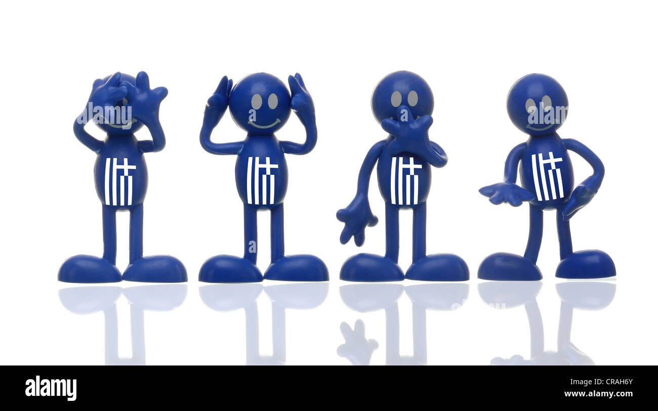 Blue figures with Greek flags, one seeing nothing, one hearing nothing ...