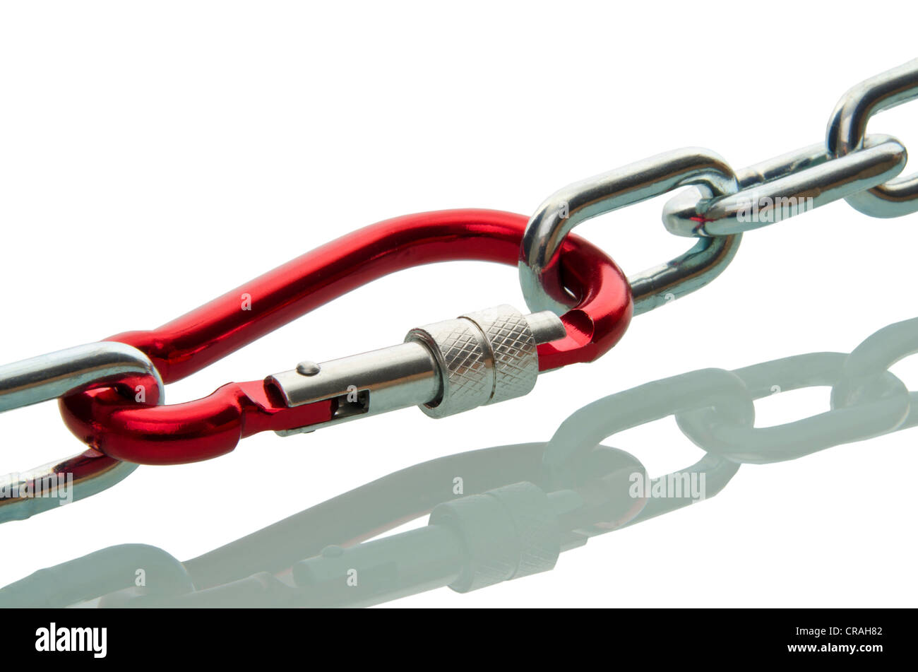 Carabiner between two stretched chains, symbolic image of cohesion ...