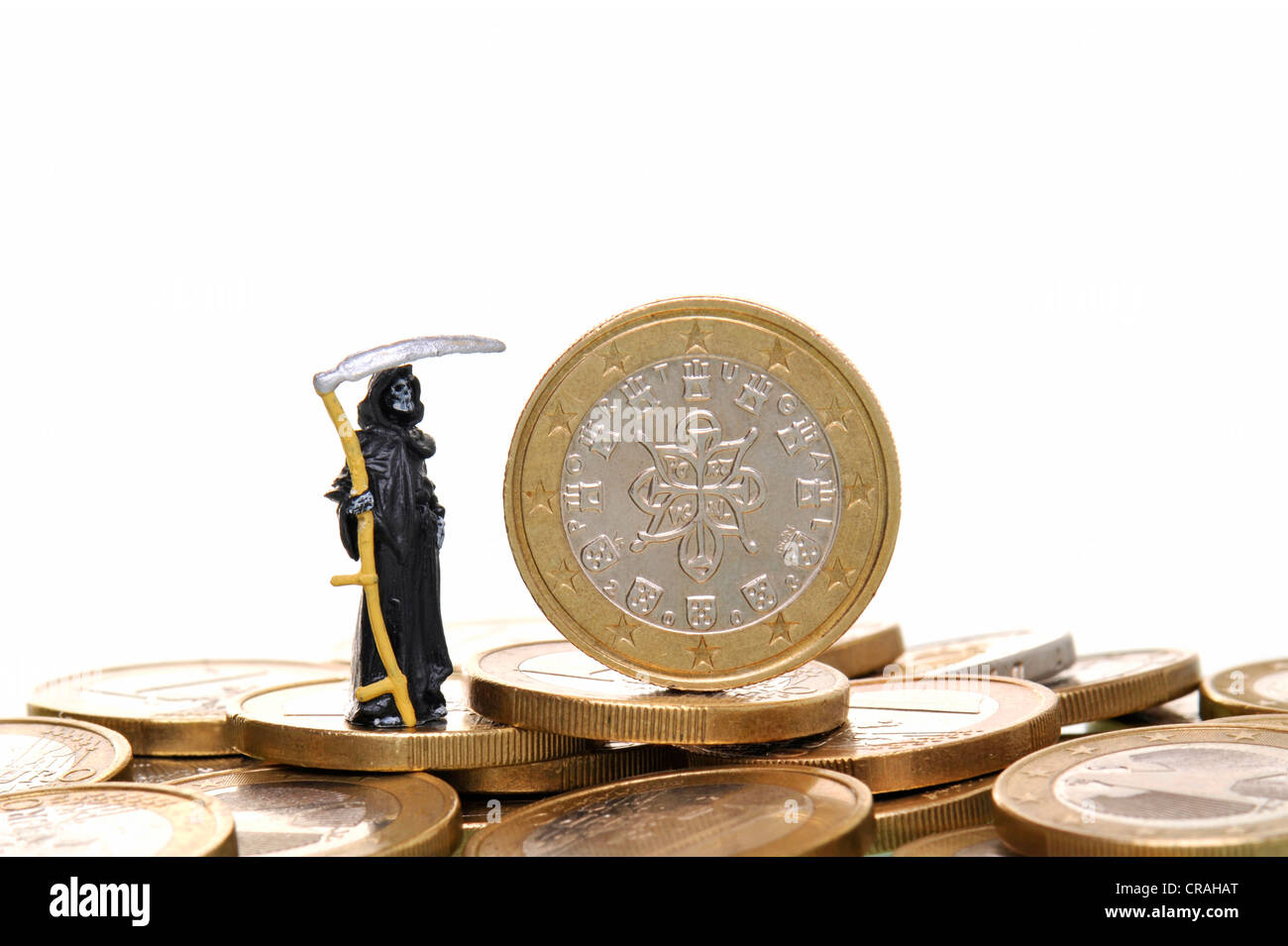 Death standing next to a Euro coin from Portugal, symbolic image for ...
