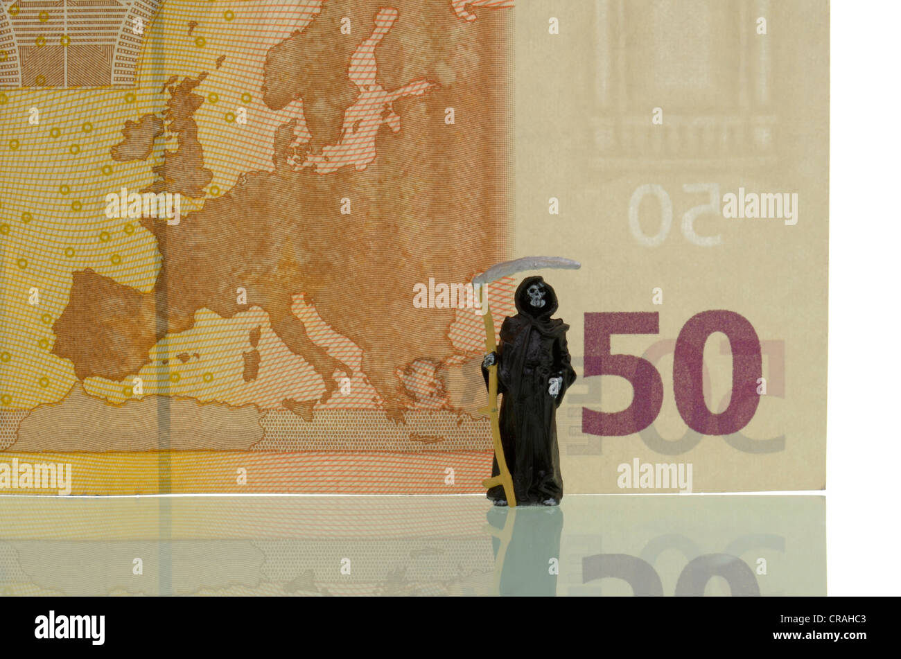 Death standing in front of a 50 euro note, symbolic image for the ...
