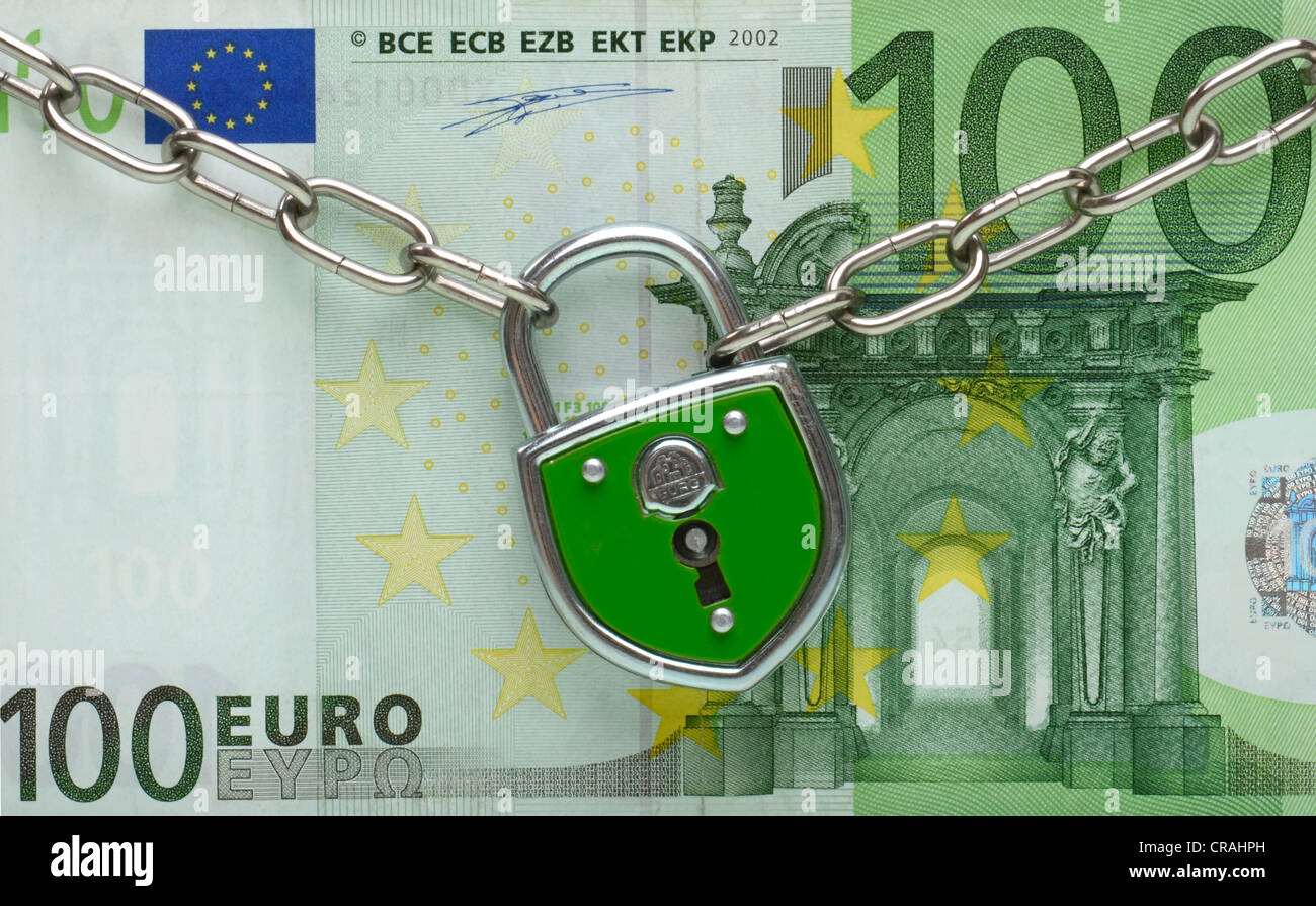 100-euro bill with a closed lock, symbolic image for the safe euro ...