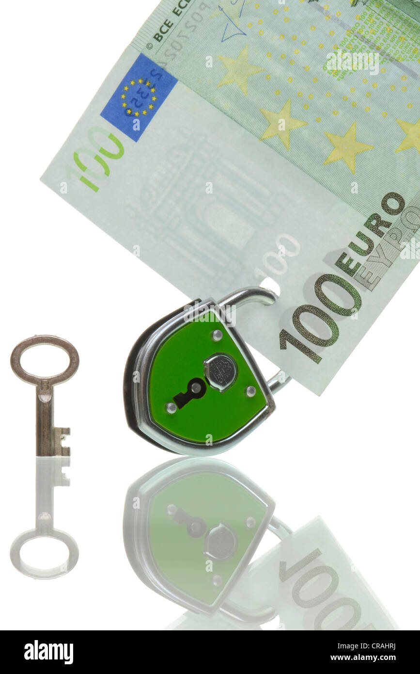 100-euro bill with a closed lock, symbolic image for the safe euro ...
