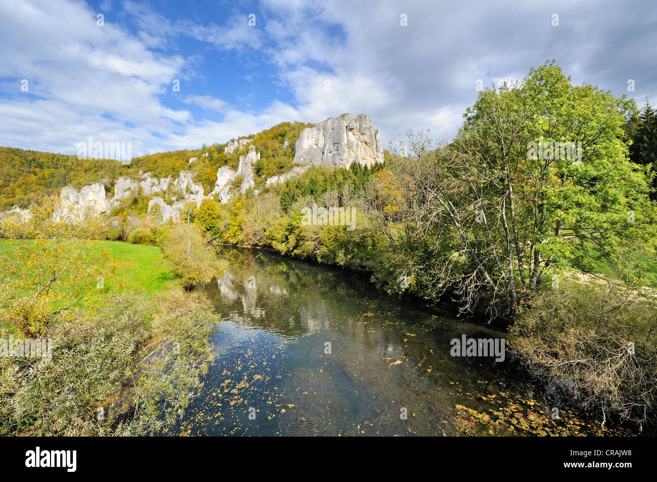 Jurassic limestone rocks are reflected in the Danube, Sigmaringen ...