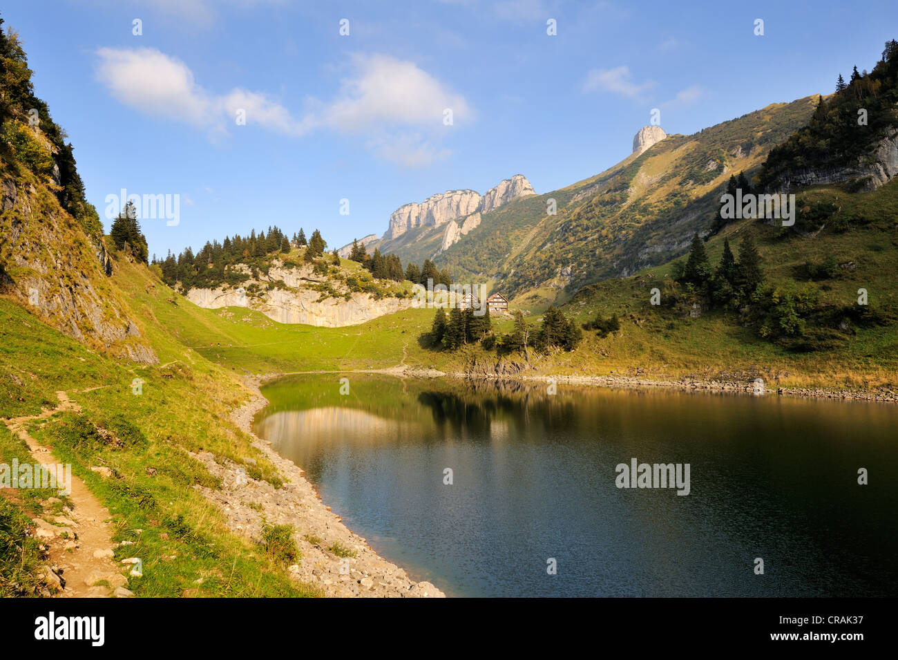 Evening light at Faelensee Lake, 1446 m, with Berggasthaus Bollenwees ...