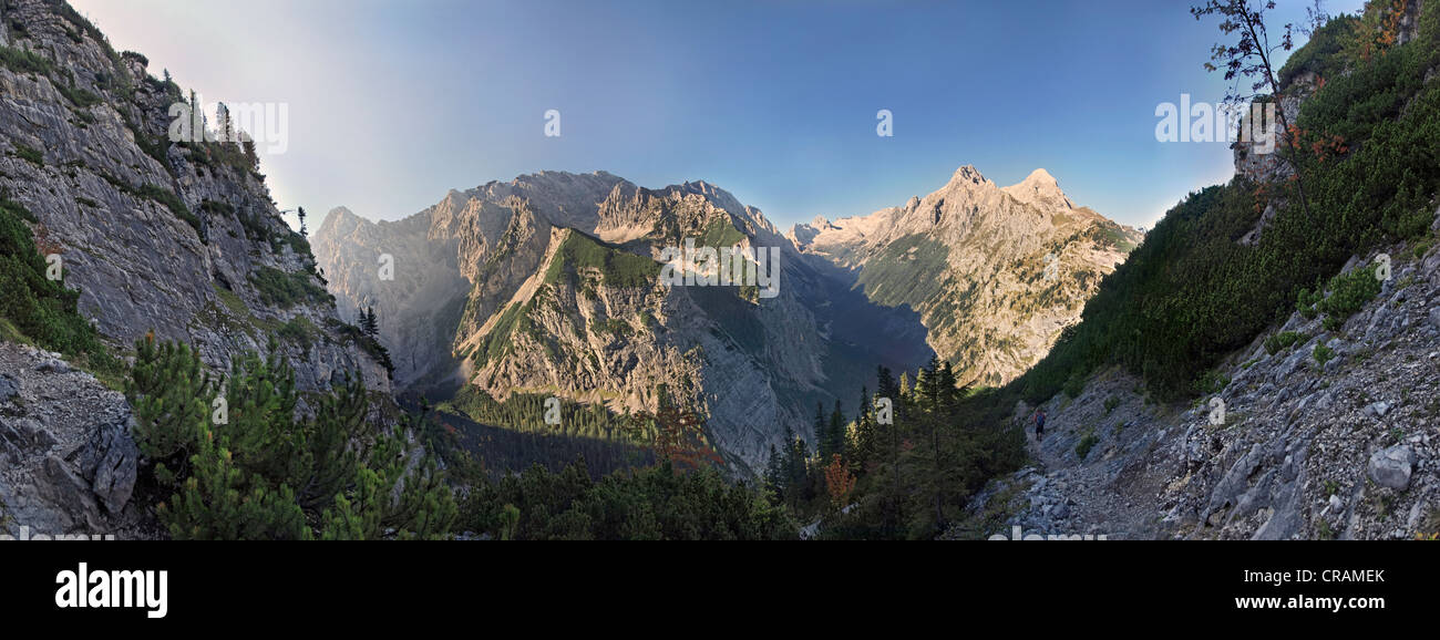 Panoramic view, Reintal valley, looking towards Zugspitze massif and ...
