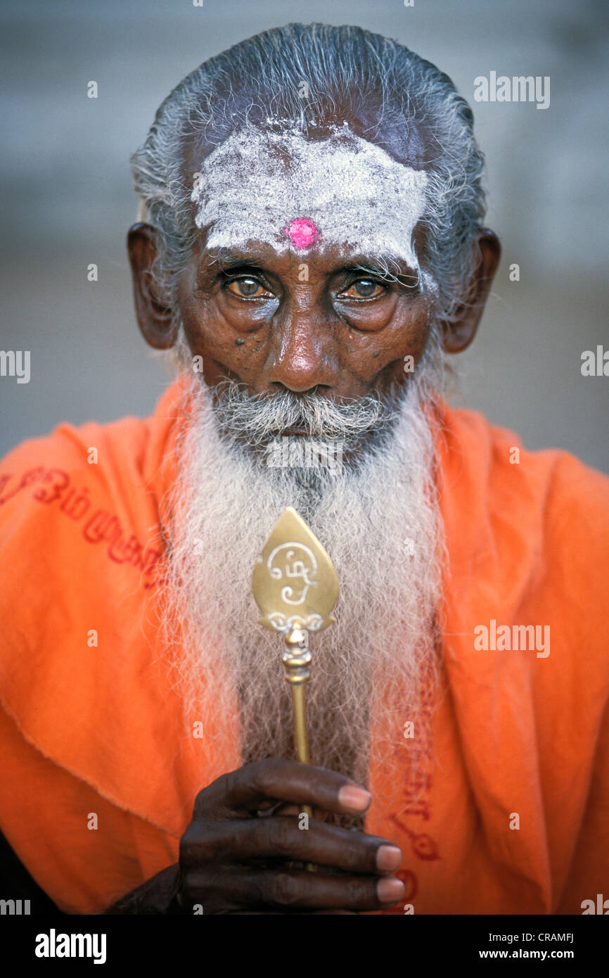 Sadhu with a white beard, portrait, Tiruchendur, Tamil Nadu, southern ...
