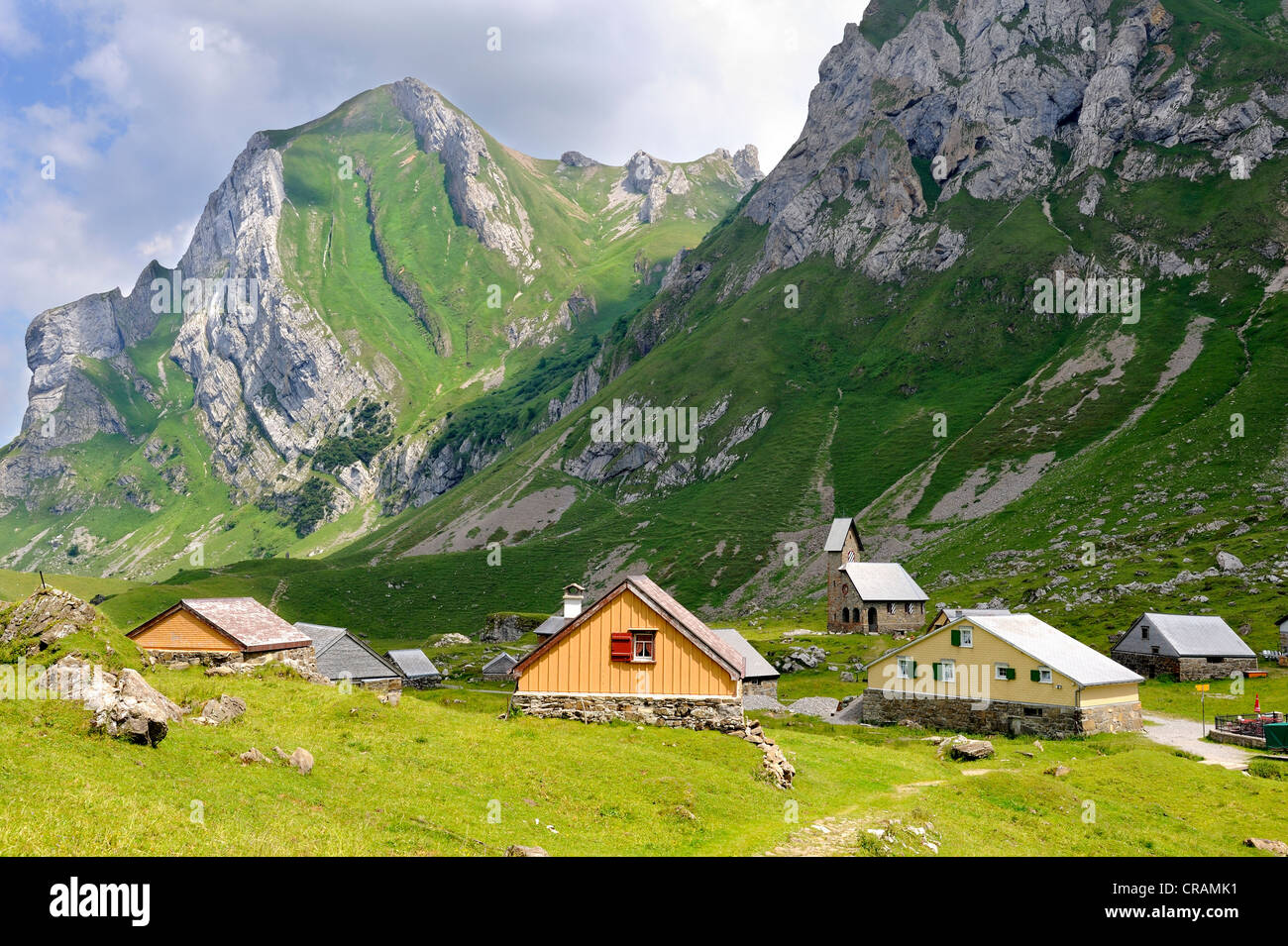 Alpine huts, Alpine hamlet Meglisalp at 1517m altitude in the Appenzell ...