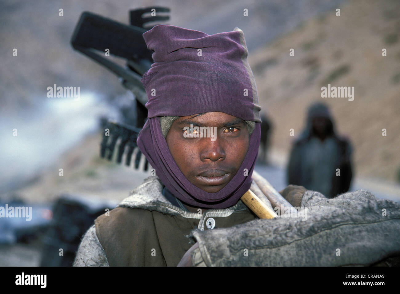 Road worker on the Manali-Leh highway, near Pang, Ladakh, Indian ...