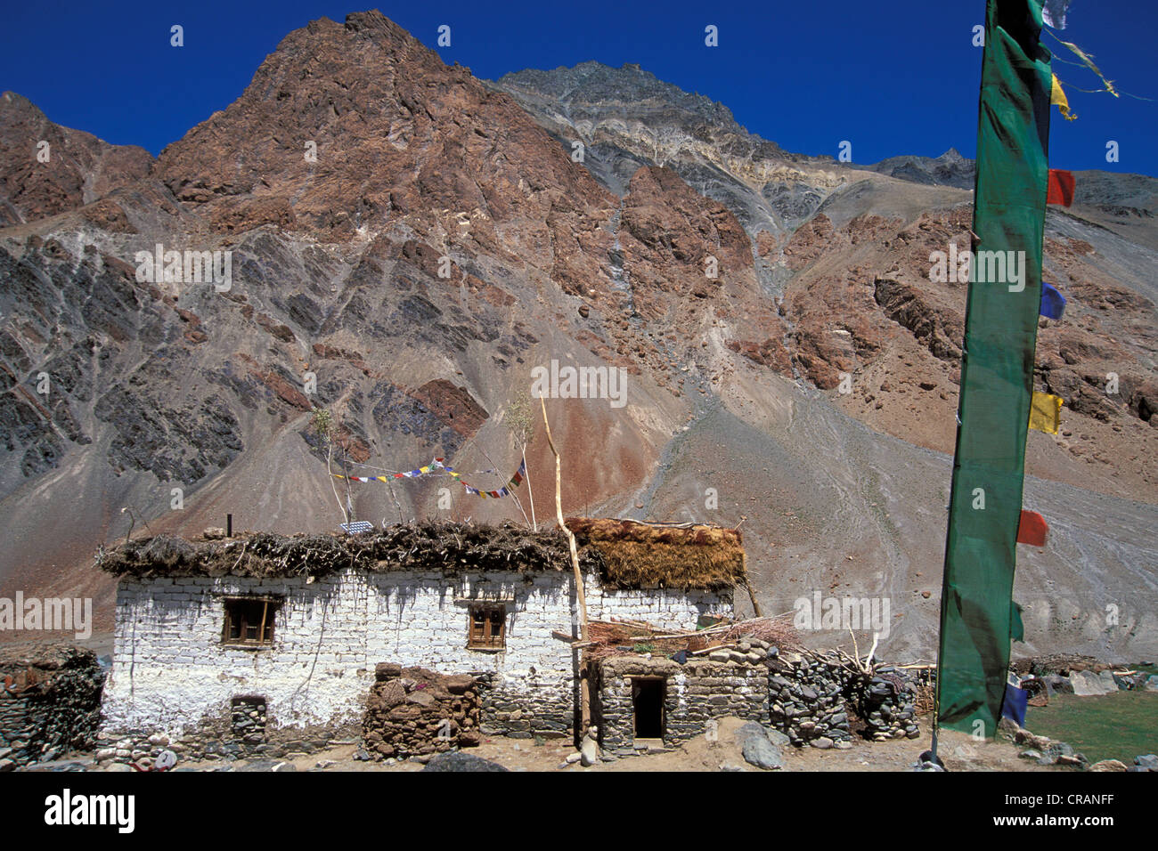 Traditional Tibetan house with prayer flags, Tetha, Zanskar, Ladakh ...