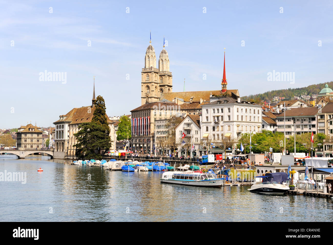 View from Quaibruecke bridge across the Limmat River towards Limmatquai ...