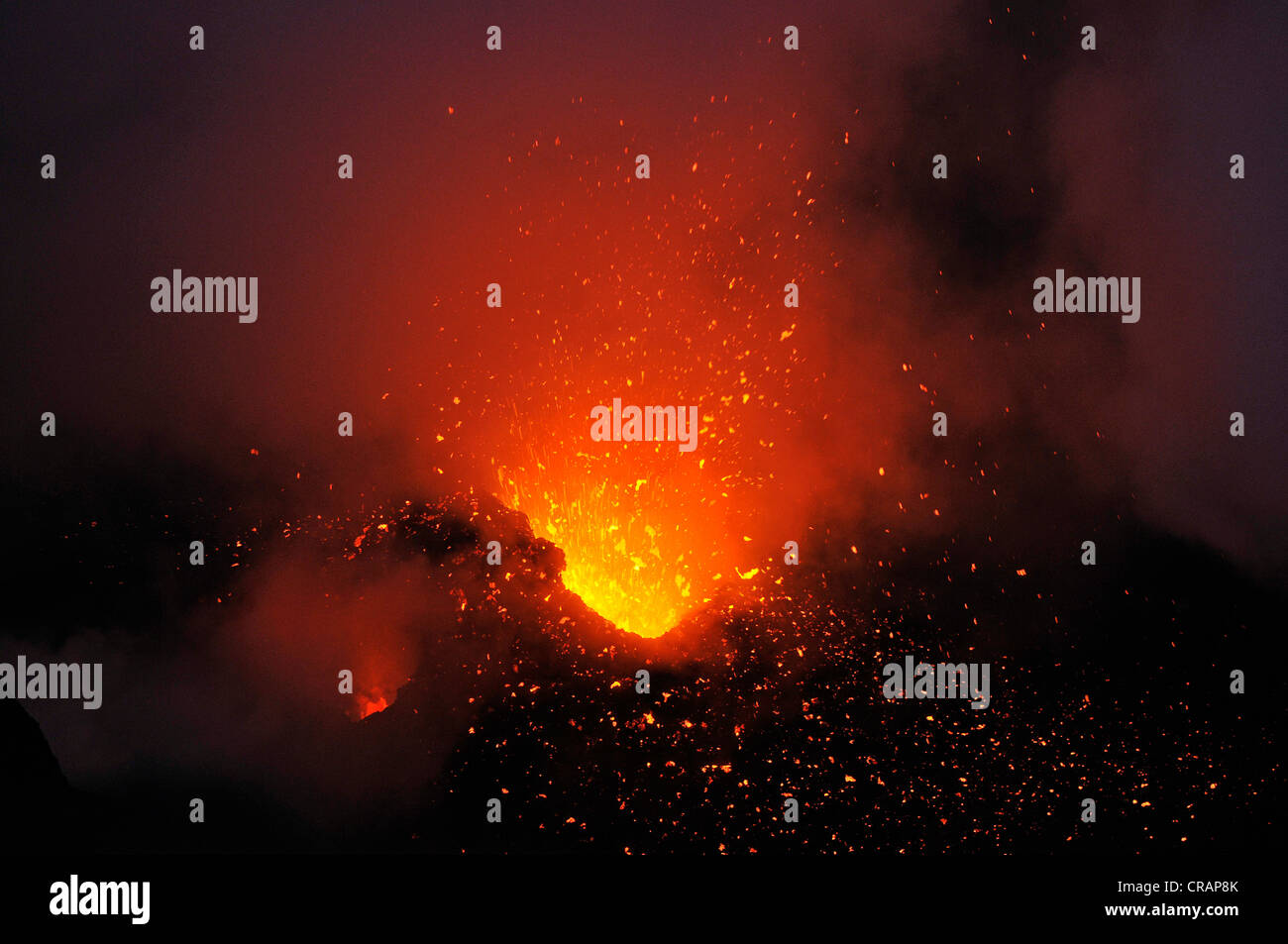 Volcano, volcanic eruption, crater of Mt Stromboli, volcanic island of ...