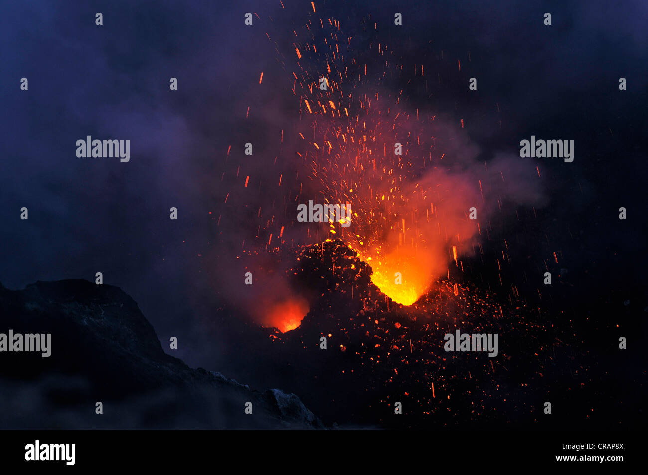 Volcano, volcanic eruption, crater of Mt Stromboli, volcanic island of ...