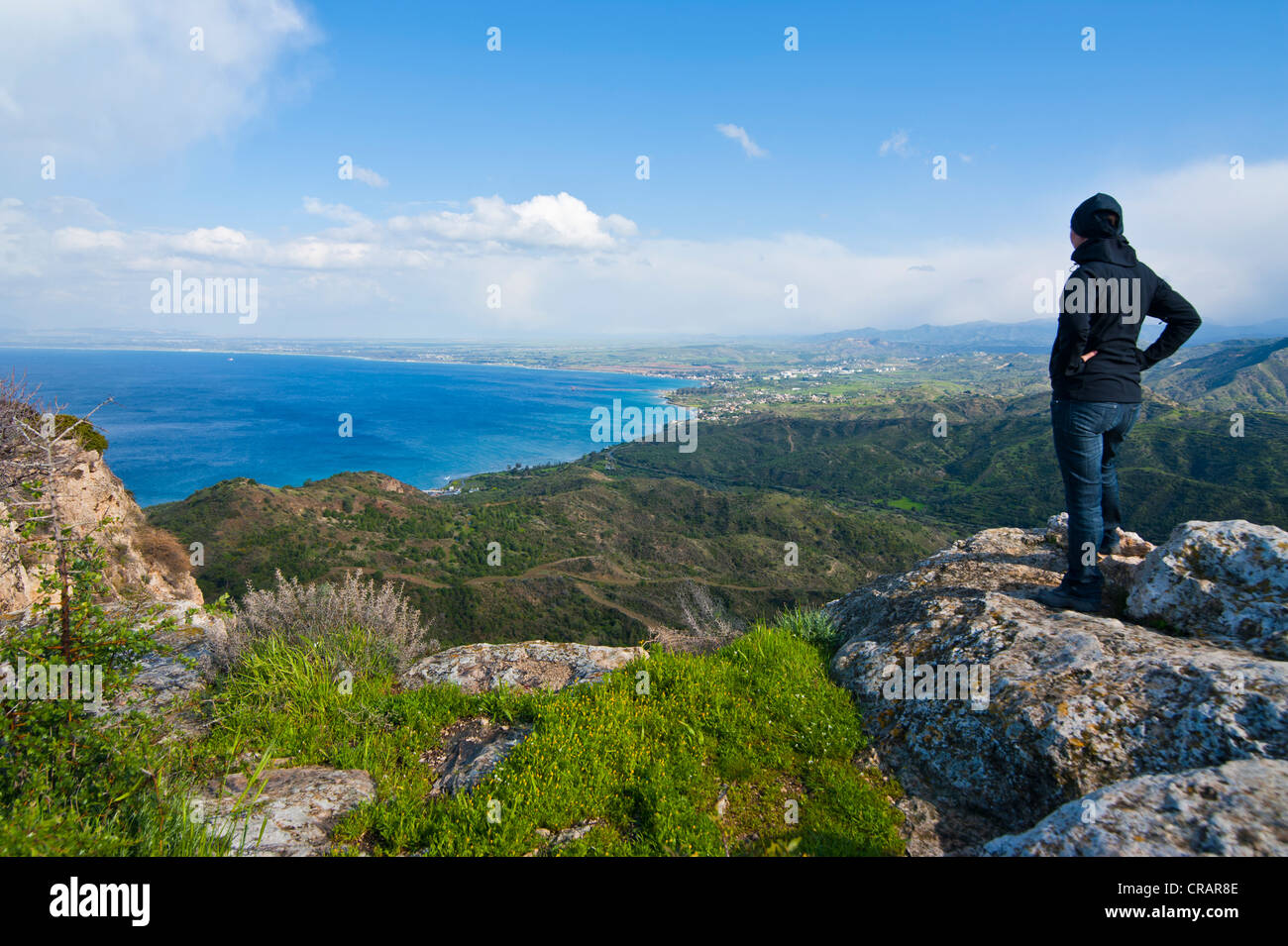 Woman enjoying the view over the Roman excavation site of Vouni ...