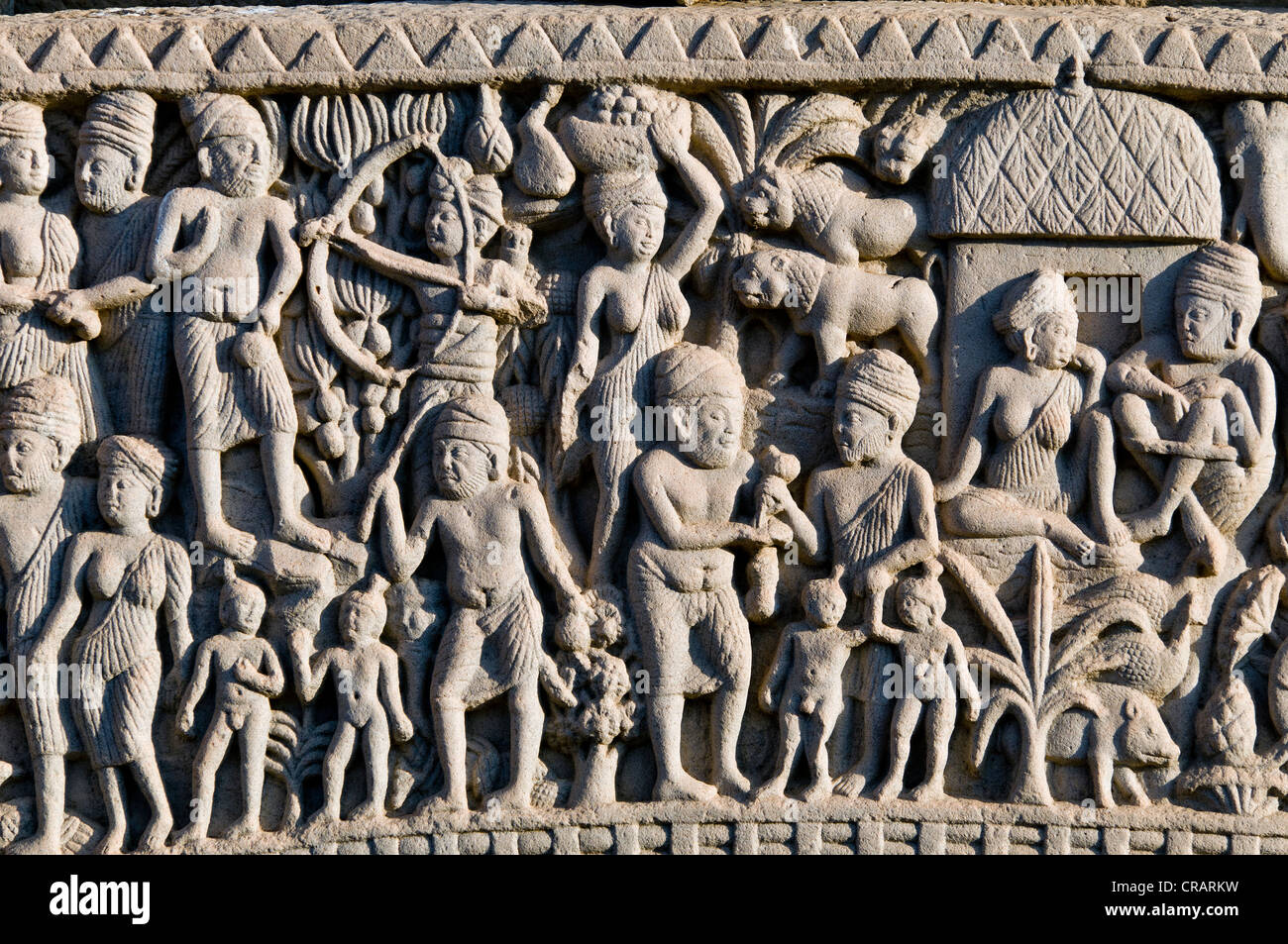 Stone carving, scenes of Buddha's life, stupas of Sanchi, a UNESCO ...