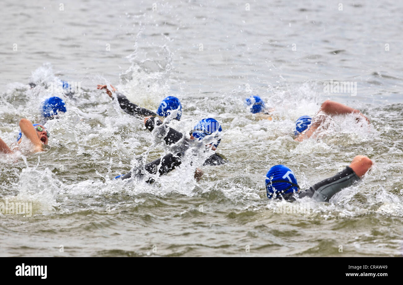 Triathlon swimmers entering water for competition Stock Photo - Alamy