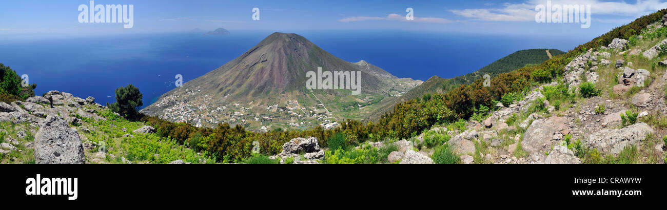 Volcano on Salina island, in the back Filicudi and Alicudi islands ...