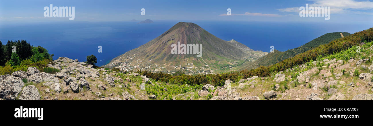Volcano on Salina island, in the back Filicudi and Alicudi islands ...
