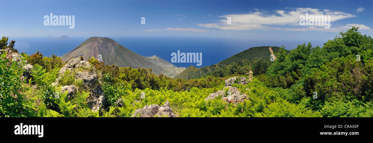 Volcano on Salina island, in the back Filicudi and Alicudi islands ...