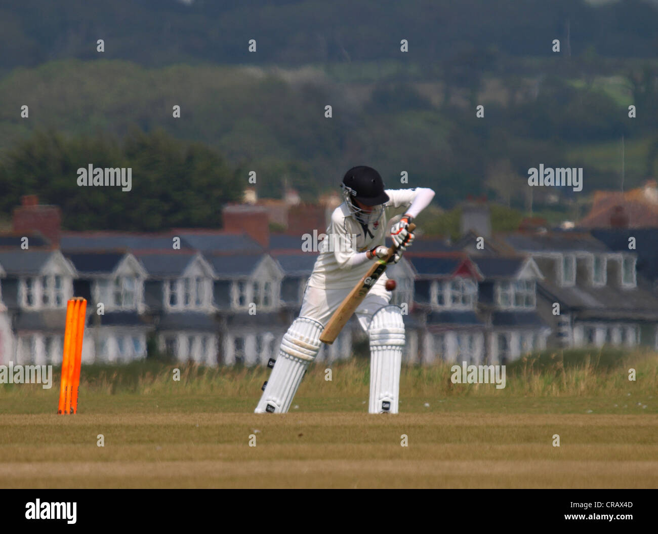 Junior batsman playing a defensive shot, Bude, Cornwall, UK Stock Photo ...