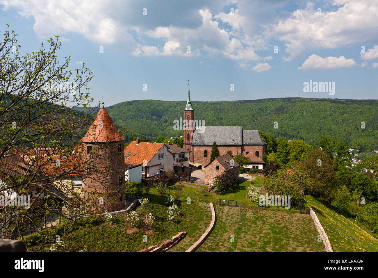 View from Bergfeste Dilsberg Castle towards the Catholic Church of St ...