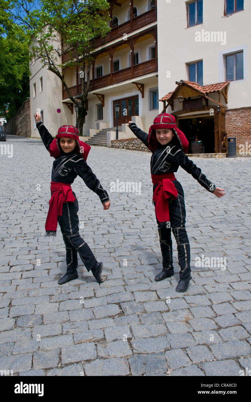 Two girls wearing costumes, Sighnaghi, Kakheti province, Georgia ...