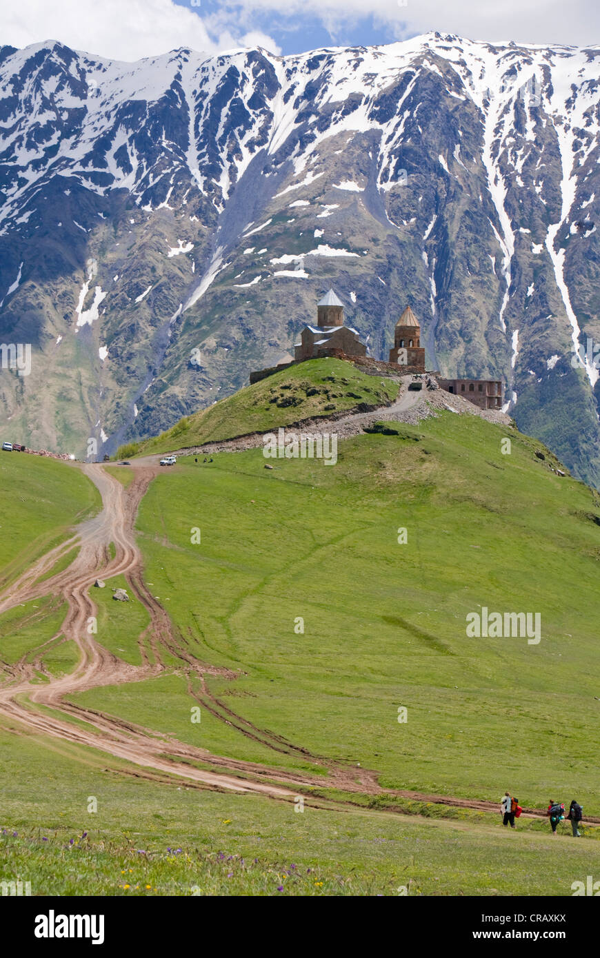 The famous Gergeti Trinity Church or Tsminda Sameba at the Chechen ...