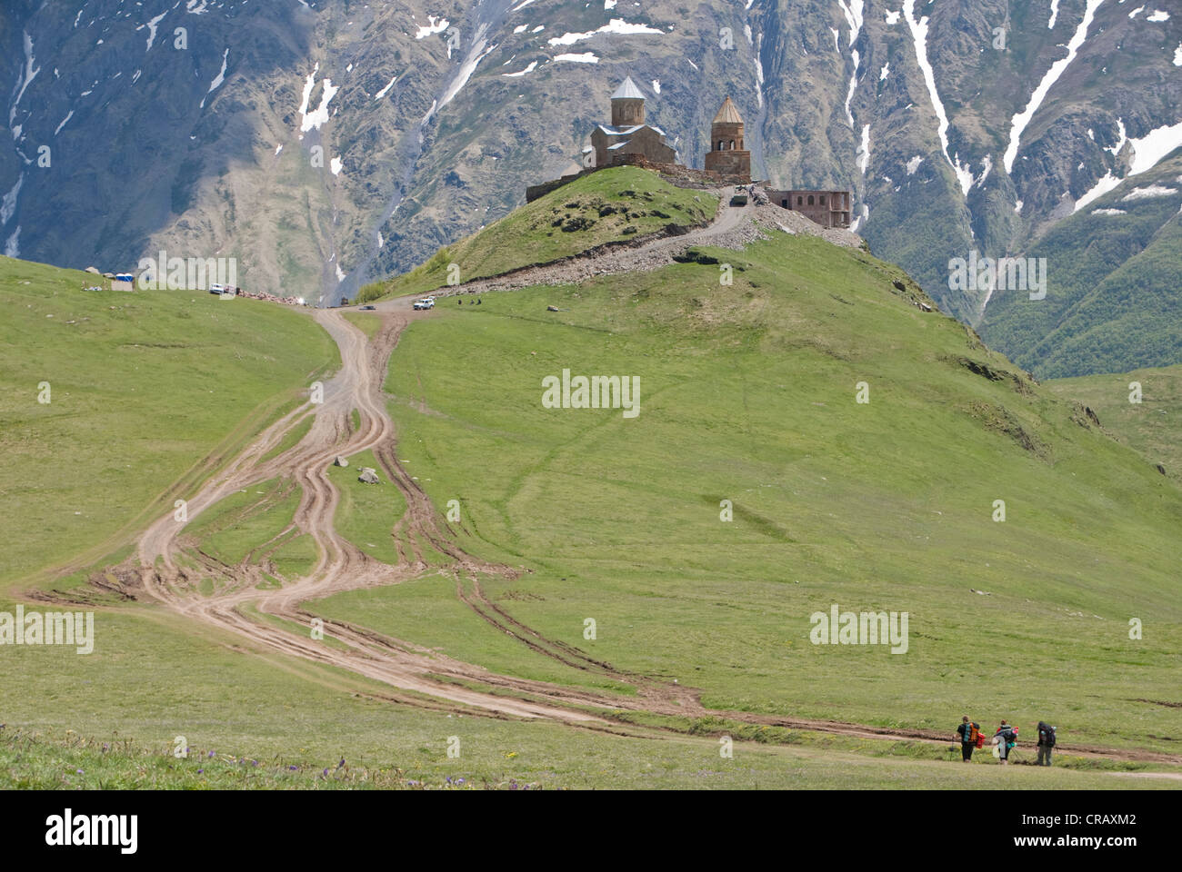 The famous Gergeti Trinity Church or Tsminda Sameba at the Chechen ...