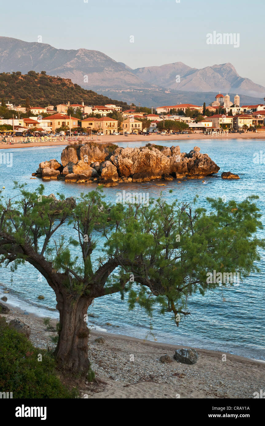 Stoupa seafront and beach with the Taygetos mountains in the background ...