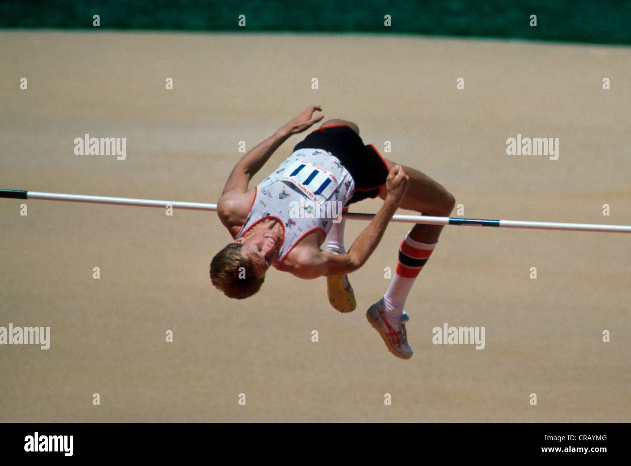 Dwight Stones competing in the high jump at the 1984 US Olympic Track ...