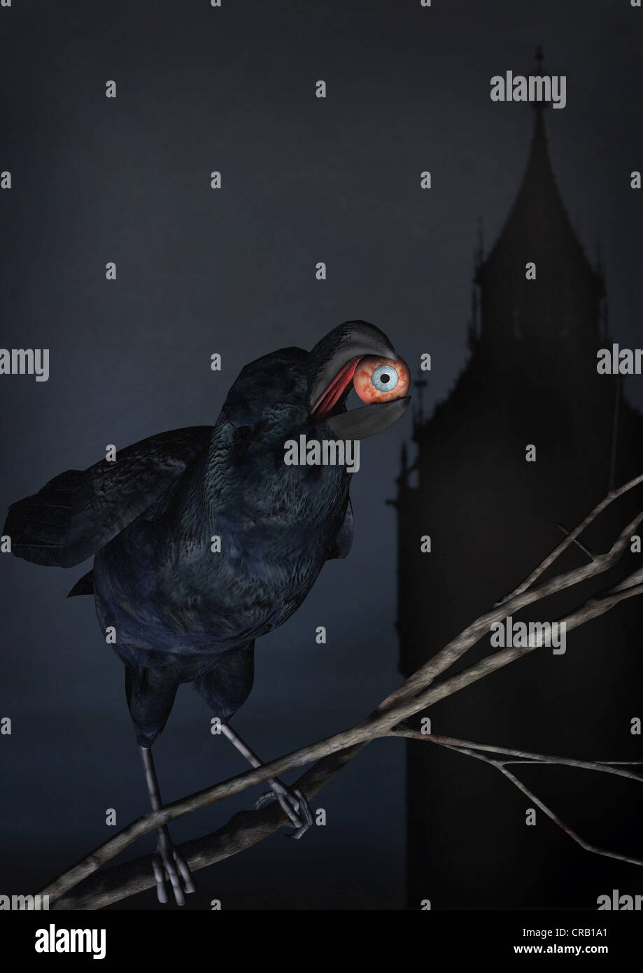 3d image of raven holding eyeball with big ben in background Stock ...