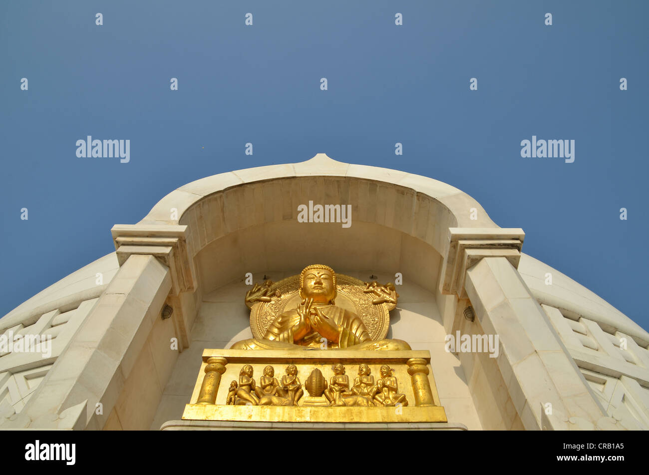 Stupa, golden seated Buddha as relief on a World Peace Stupa, Vulture ...