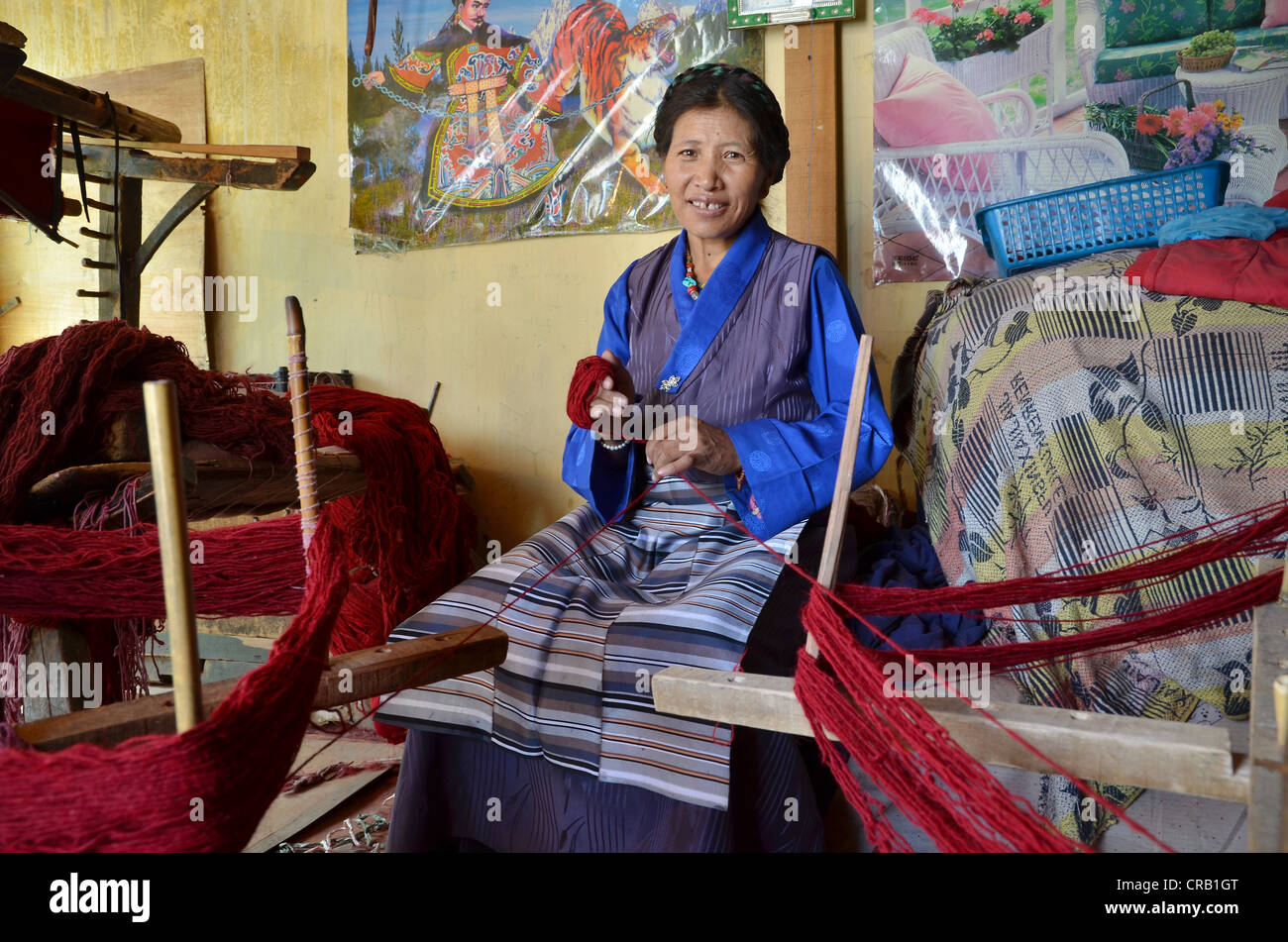Tibetan woman wearing traditional costume, processing red yak wool ...