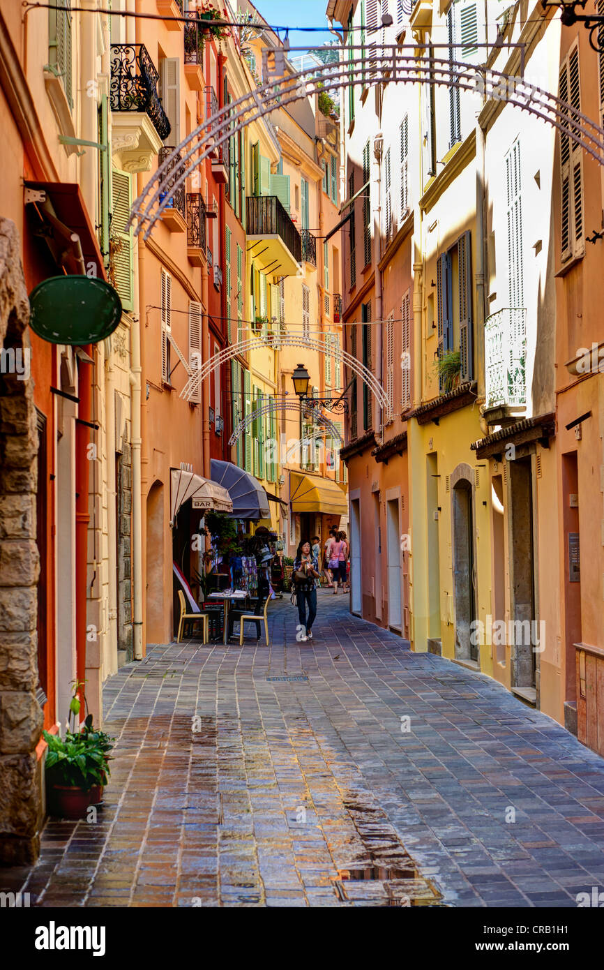 Street with restaurants in the historic town centre, Monte Carlo ...