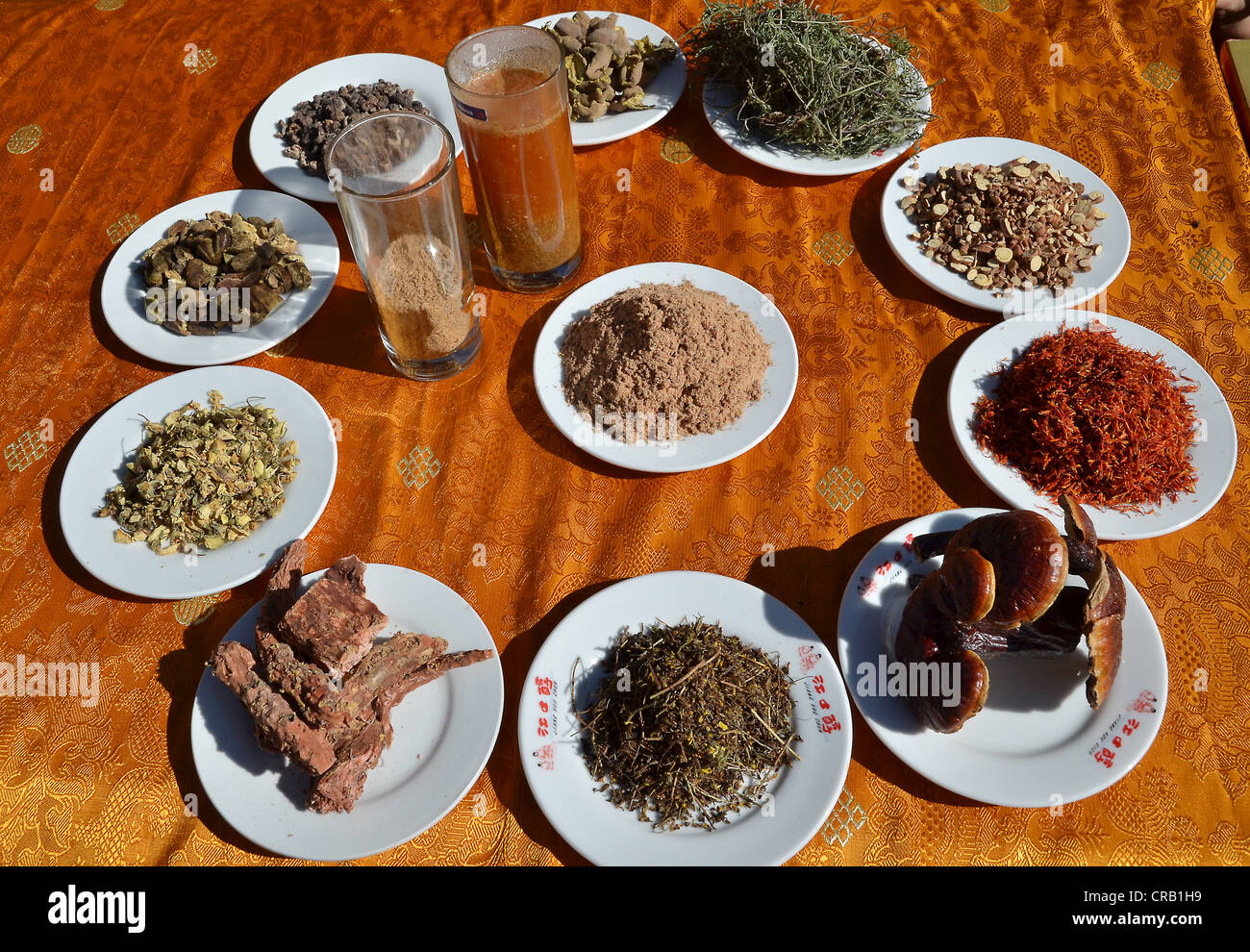 Ingredients for Tibetan healing herbal teas, mushrooms, herbs, flowers ...