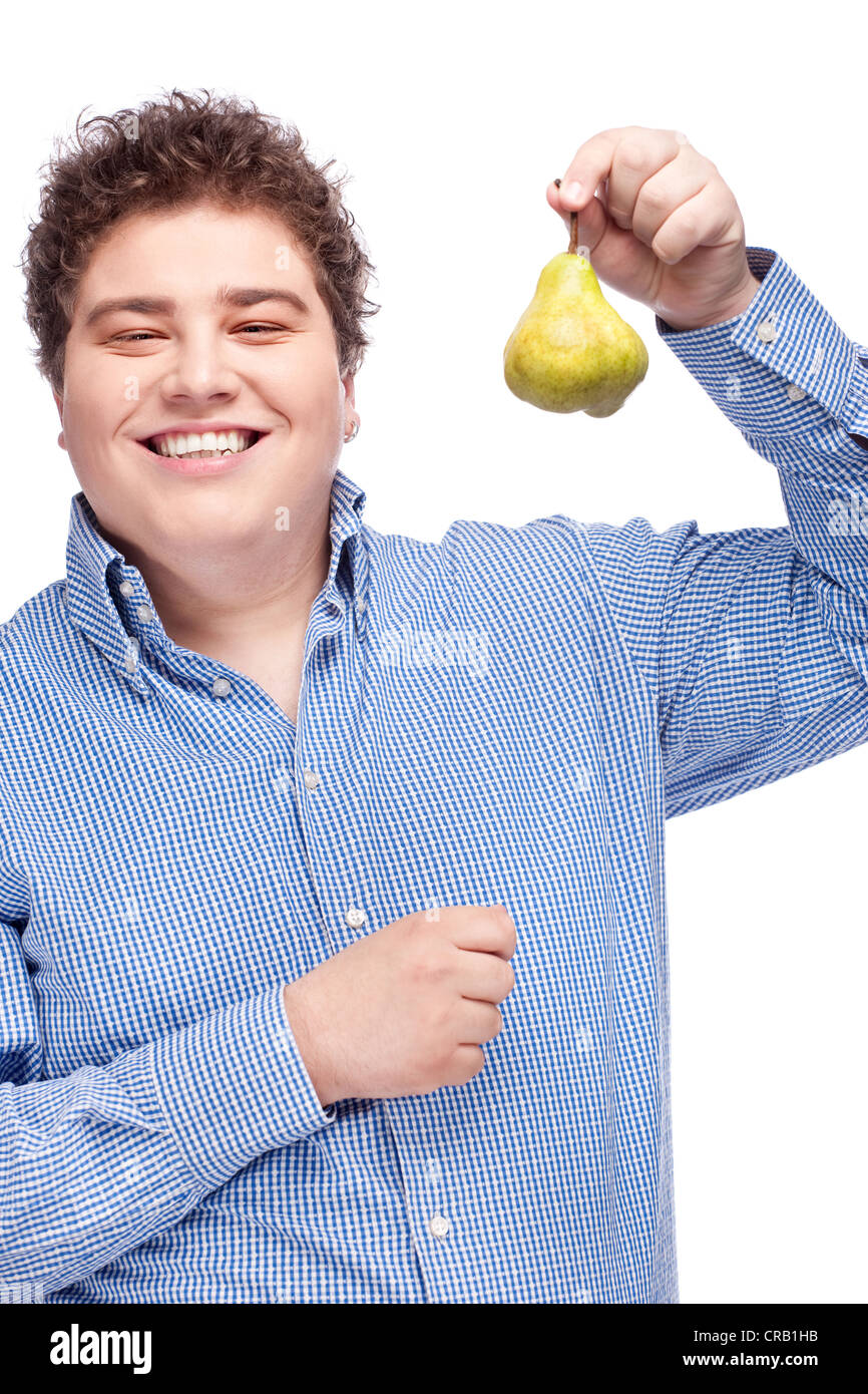 Happy chubby man holding pear, isolated on white Stock Photo - Alamy