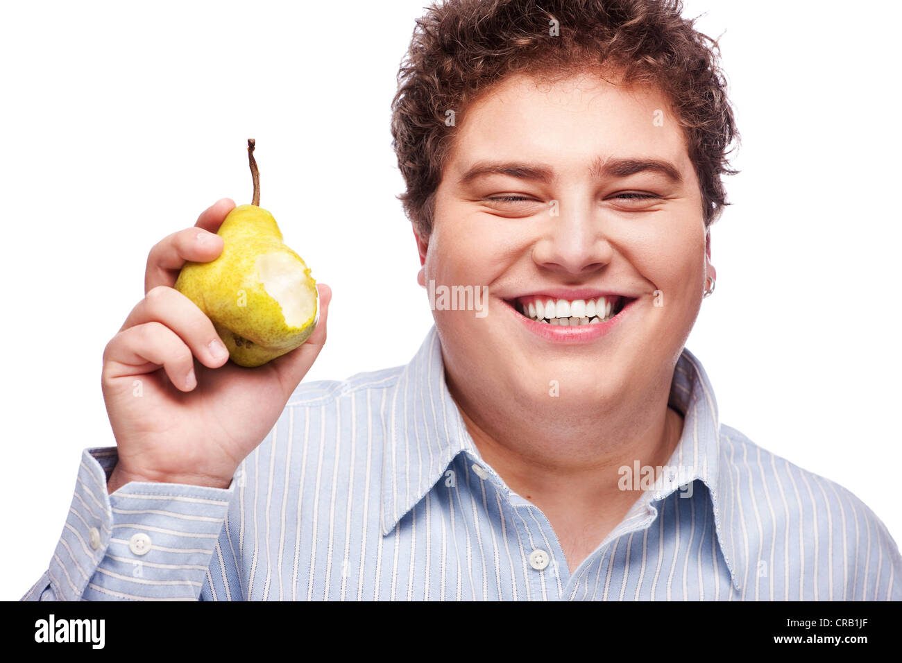 Happy chubby man holding pear, isolated on white Stock Photo - Alamy
