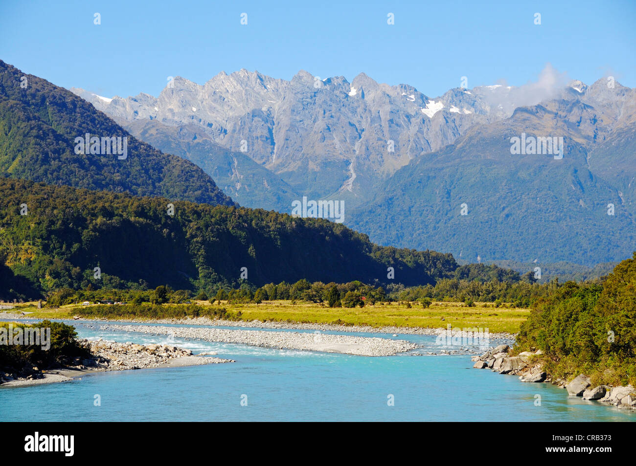 Whataroa River, looking towards the Southern Alps, West Coast of the ...