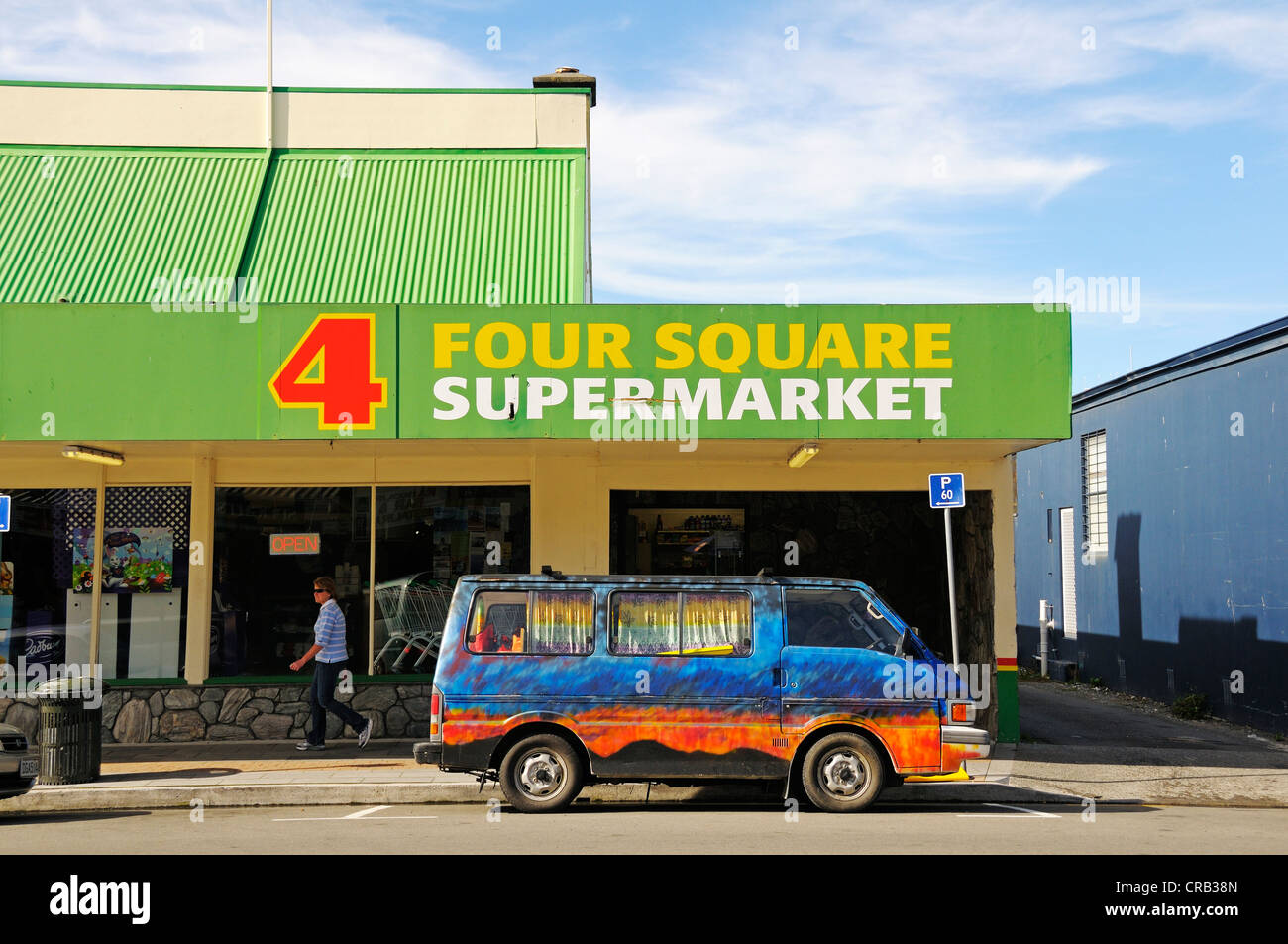 Four Square supermarket and a painted van, town centre of Kaikoura ...