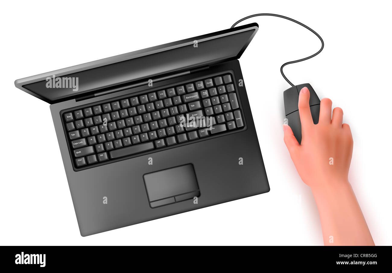 Hand with computer mouse and notebook Stock Photo - Alamy