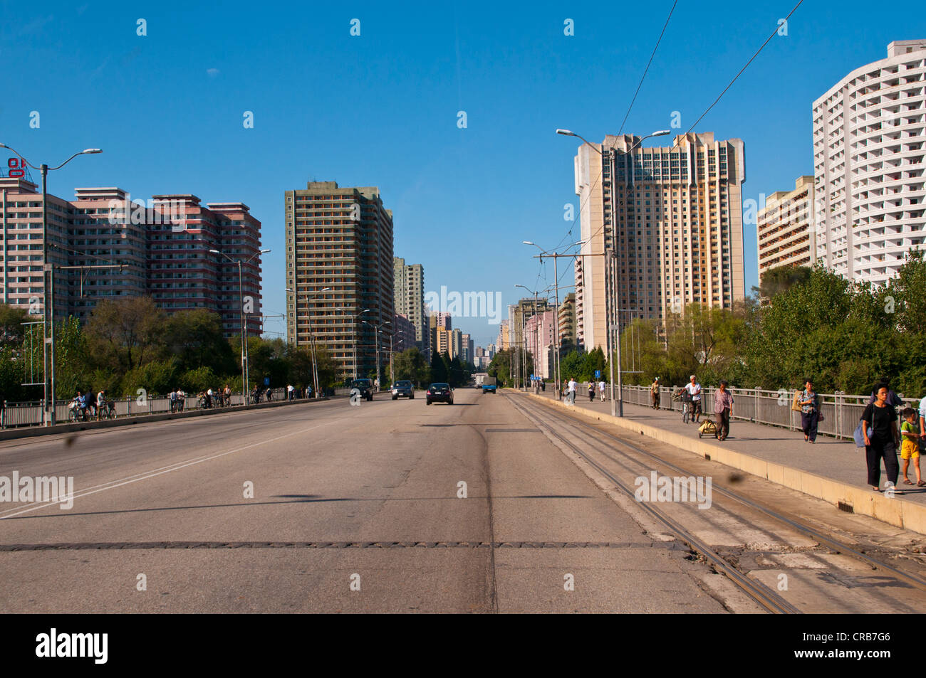 Prefabricated concrete apartment buildings alongside empty streets ...