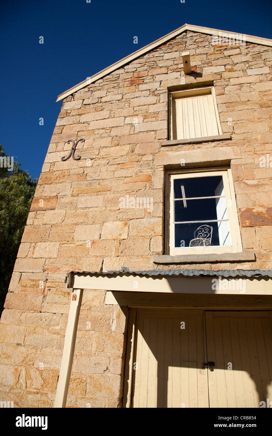 Old style building with windows against blue sky, Tasmania, Australia ...